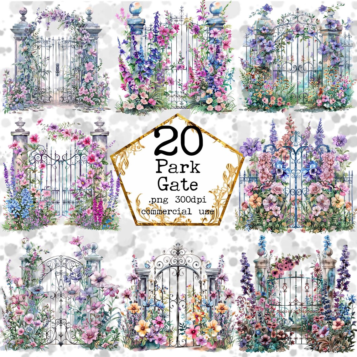 PNG Watercolor Garden Gates Clipart Spring PNG Floral Clipart Instant ...