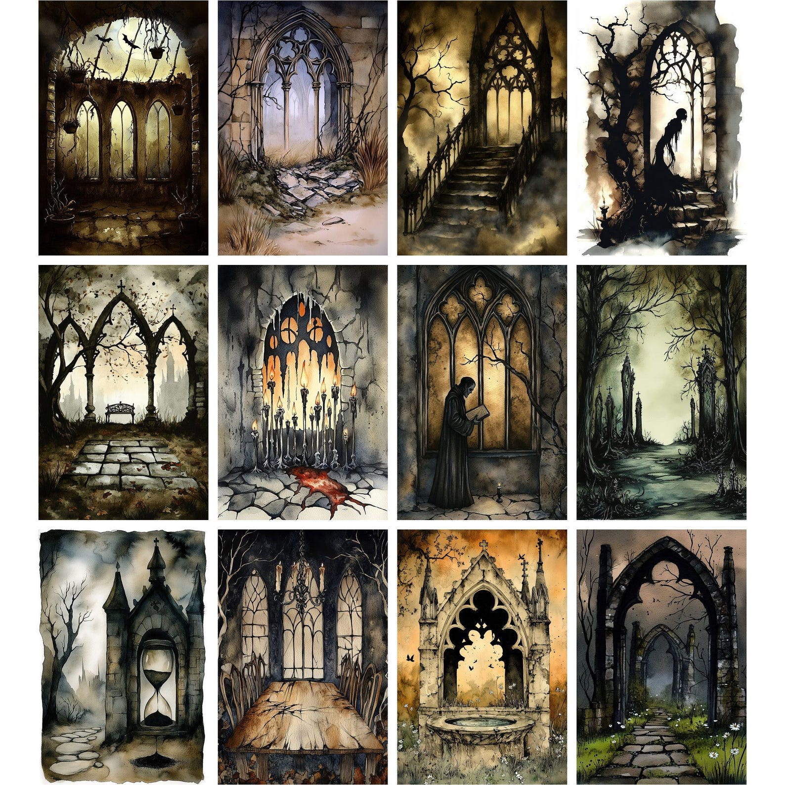 230 Watercolor Gothic Scenes - Printable Pages, Spooky Horror Junk ...