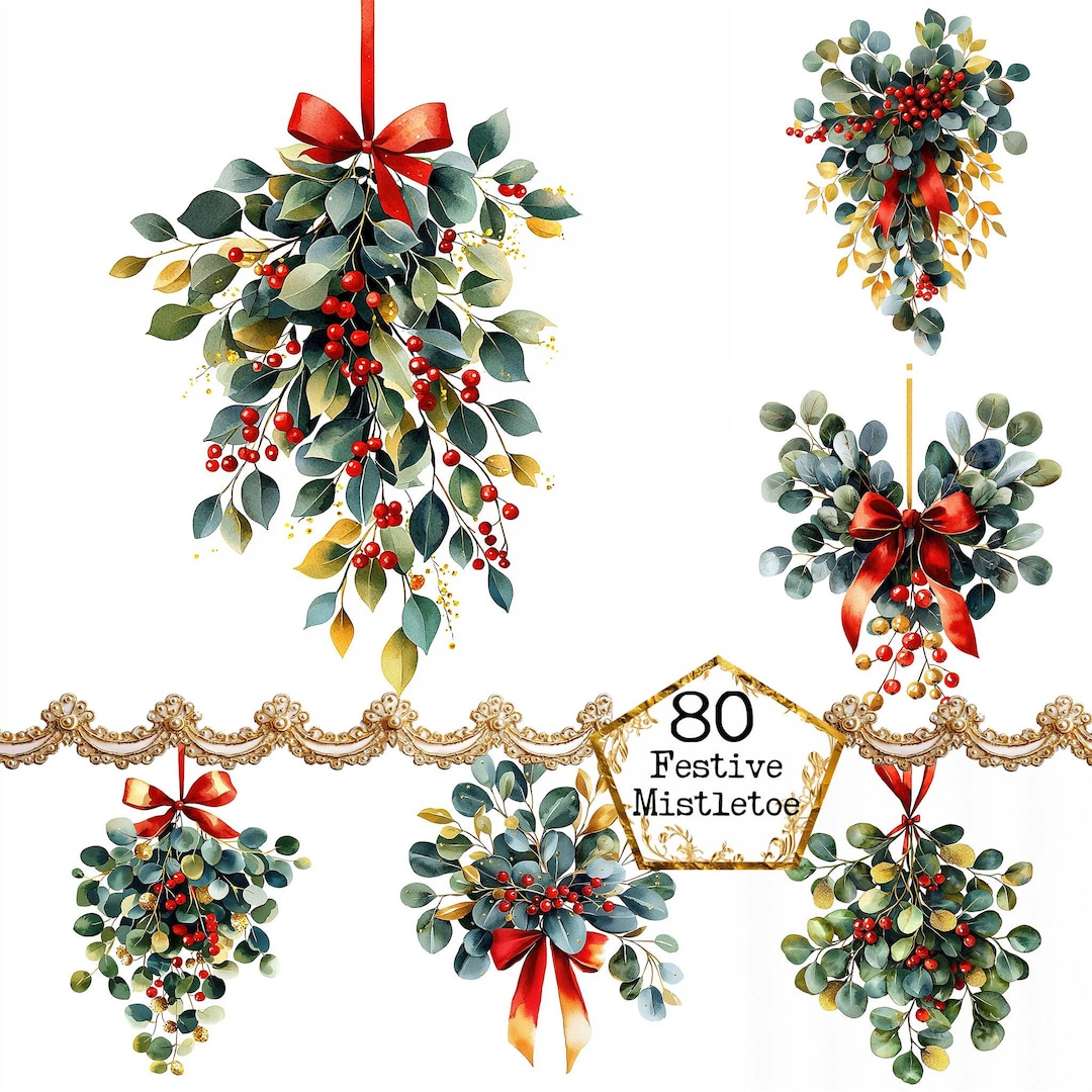 JPEG Watercolor Mistletoe Clipart Bundle Christmas Decoration Clipart ...