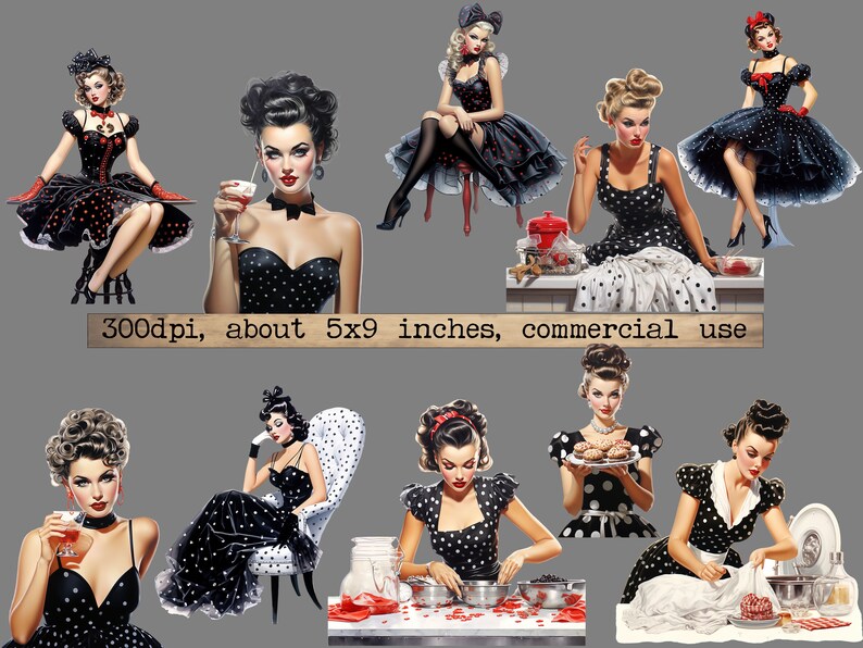 Retro Housewife Clipart PNG Bundle, '50s Transparent PNG, Red Polka Dot ...