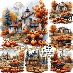 JPEG Watercolor Cottage Pumpkin Harvest JPEG Instant Download ...