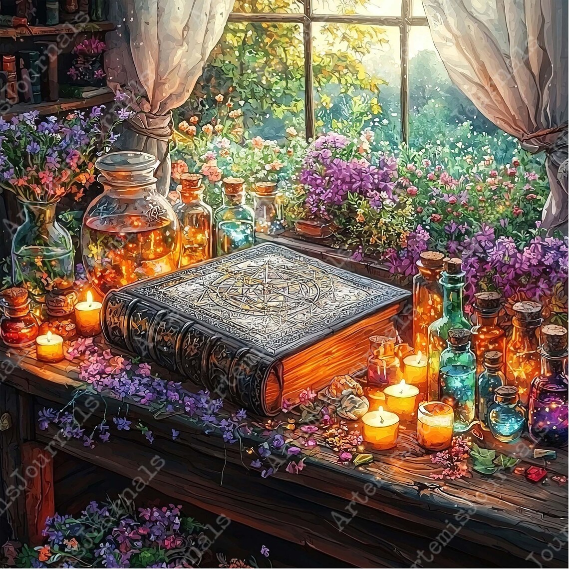 JPEG Whimsical Witch Corner Background Spell Book Potion Window Digital ...