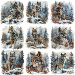 Watercolor Winter Wolf Forest Clipart Bundle JPEG Commercial Printable ...