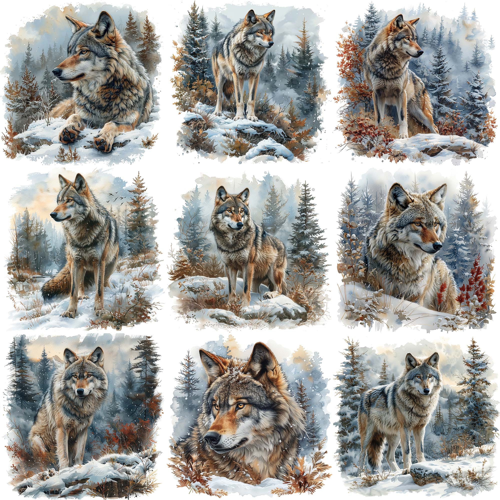 Watercolor Winter Wolf Forest Clipart Bundle JPEG Commercial Printable ...