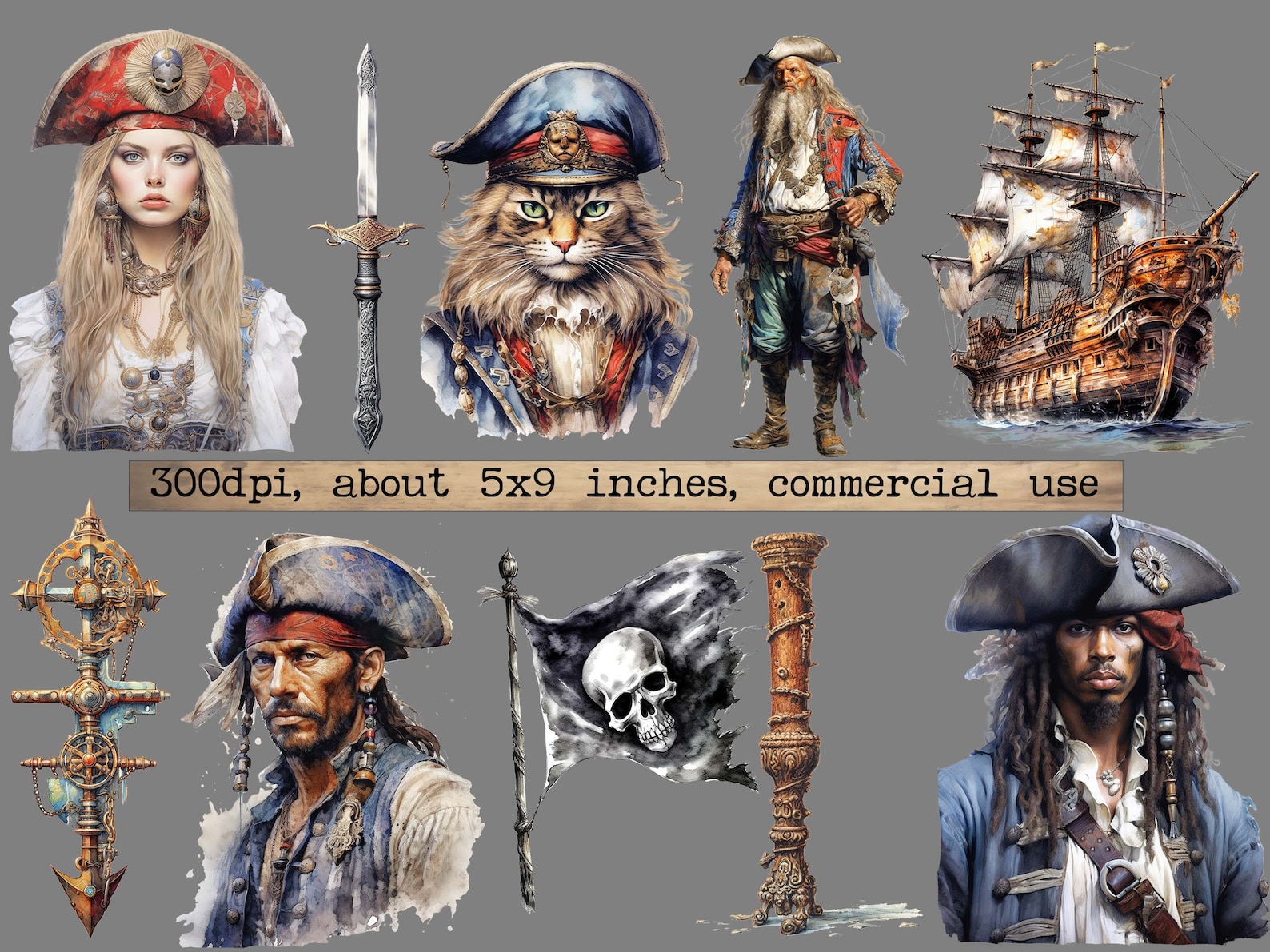 Big Watercolor Pirate Bundle Clipart, Transparent PNG, Ship Clipart ...