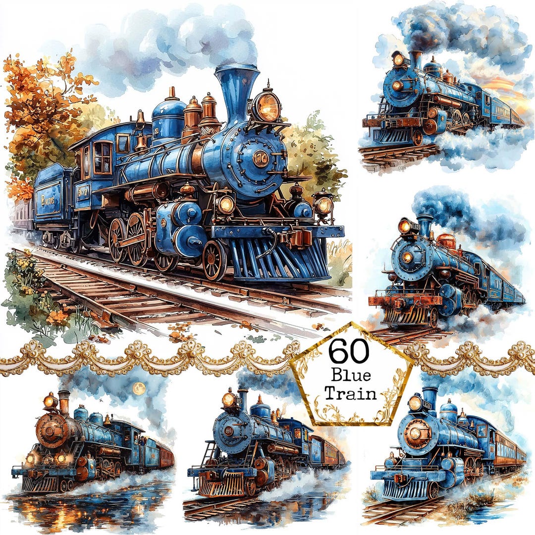 JPEG Watercolor Vintage Spring Train Vintage Locomotive Clipart Bundle ...