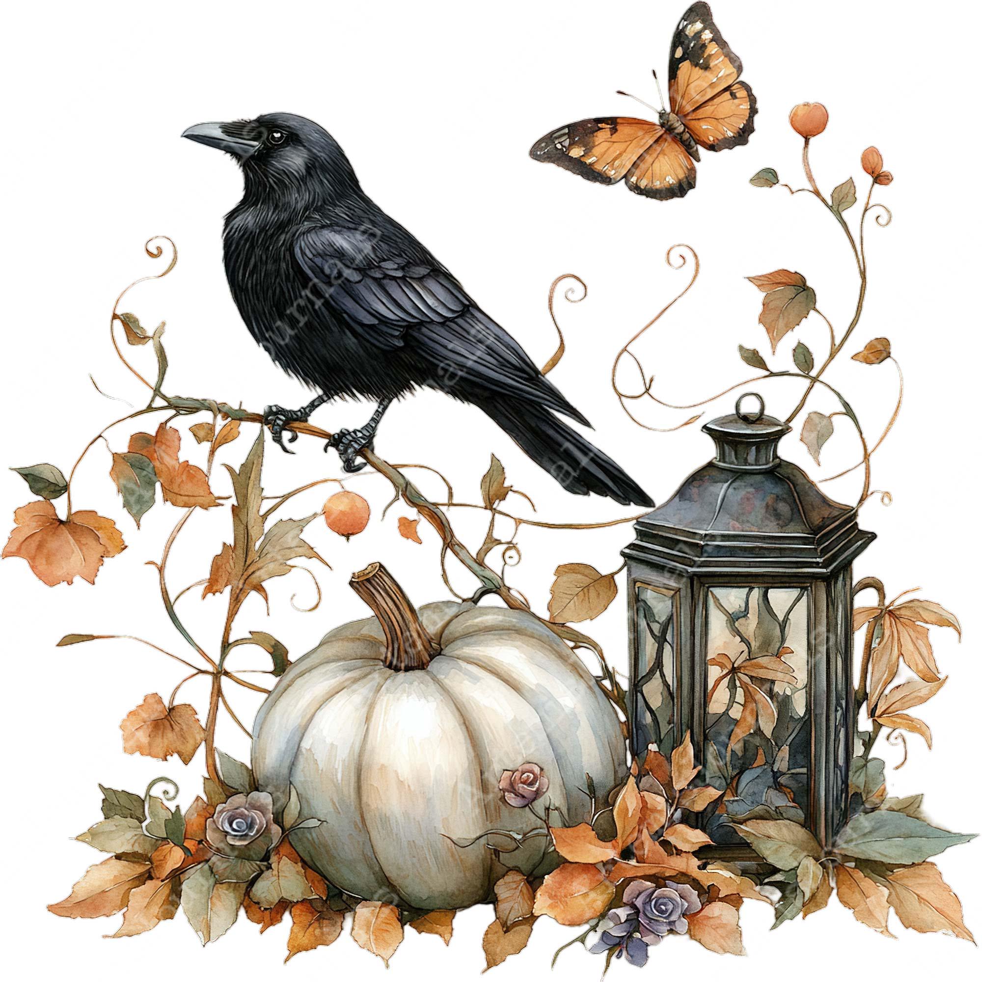 PNG Overgrown Watercolor Pumpkins and Raven Clipart Bundle Fall Clipart ...