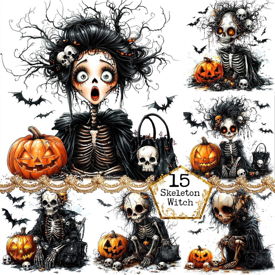 JPEG Spooky Whimsical Fashion Skeleton Girl Clipart Bundle Scary Girl ...