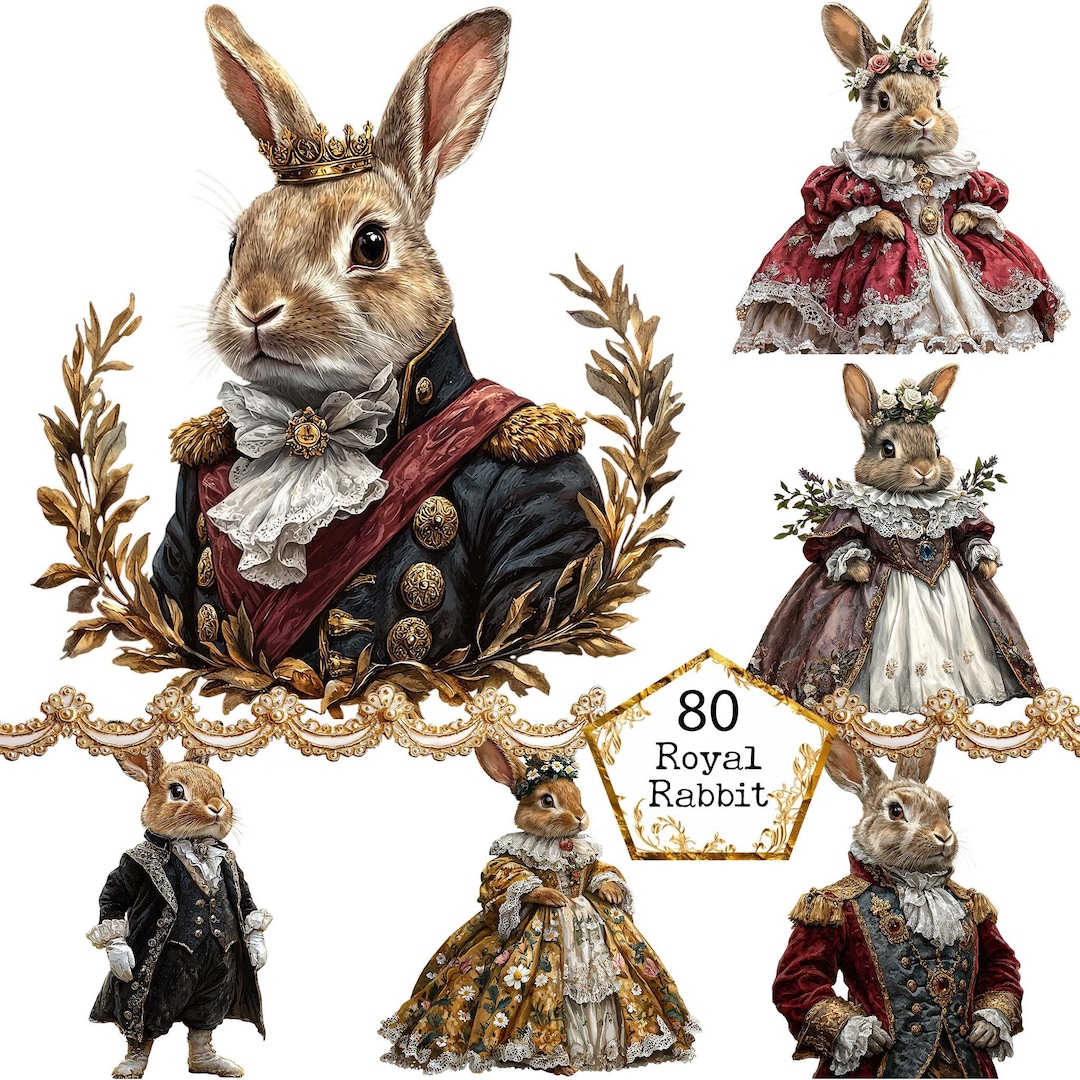 PNG + JPEG Watercolor Vintage Royal Rabbit Clipart Bundle Bunny in a ...