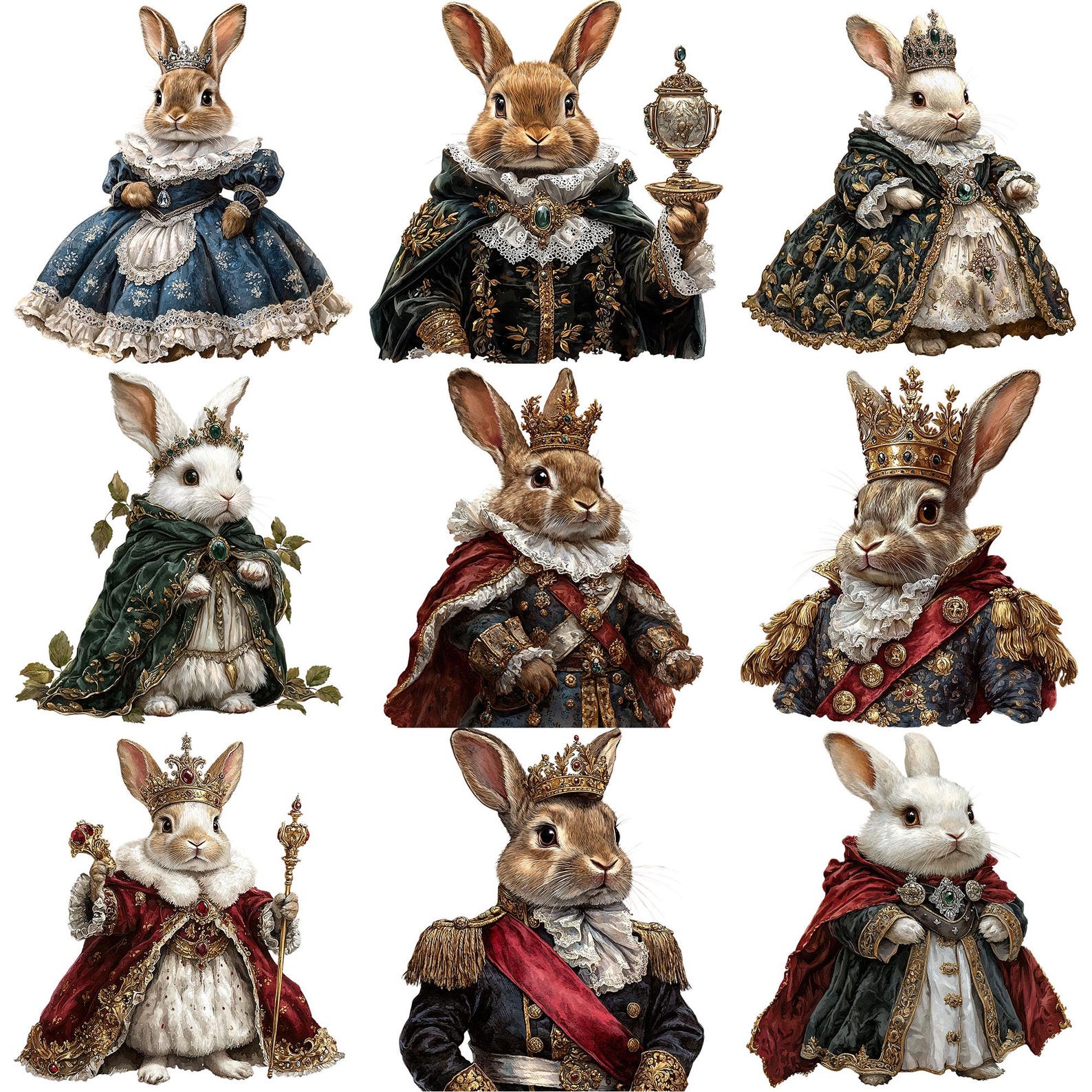 PNG + JPEG Watercolor Vintage Royal Rabbit Clipart Bundle Bunny in a ...