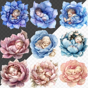 Baby in Flowers Clipart Baby Shower Clipart Printable Watercolor PNG ...