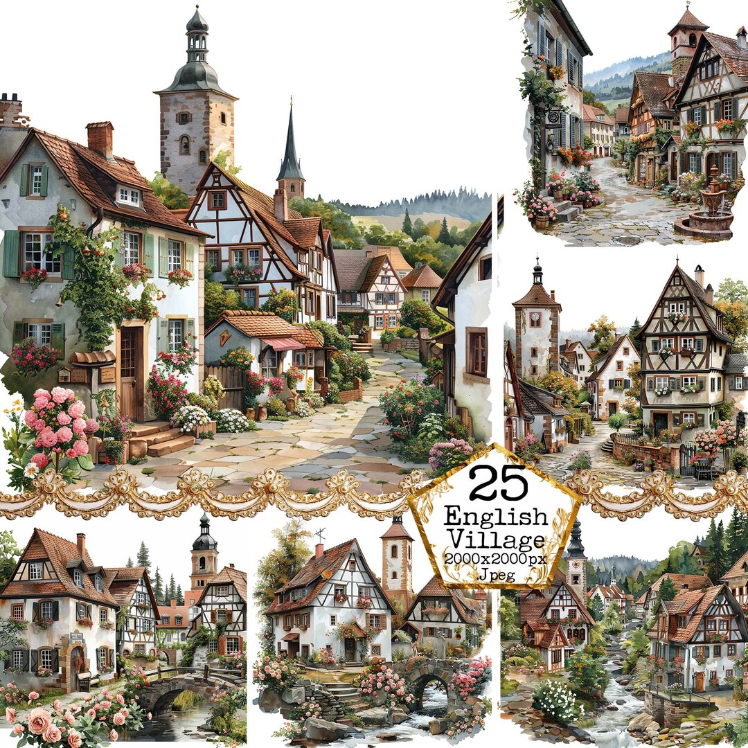 Watercolor English Village Houses Clipart Bundle JPEG Village House ...