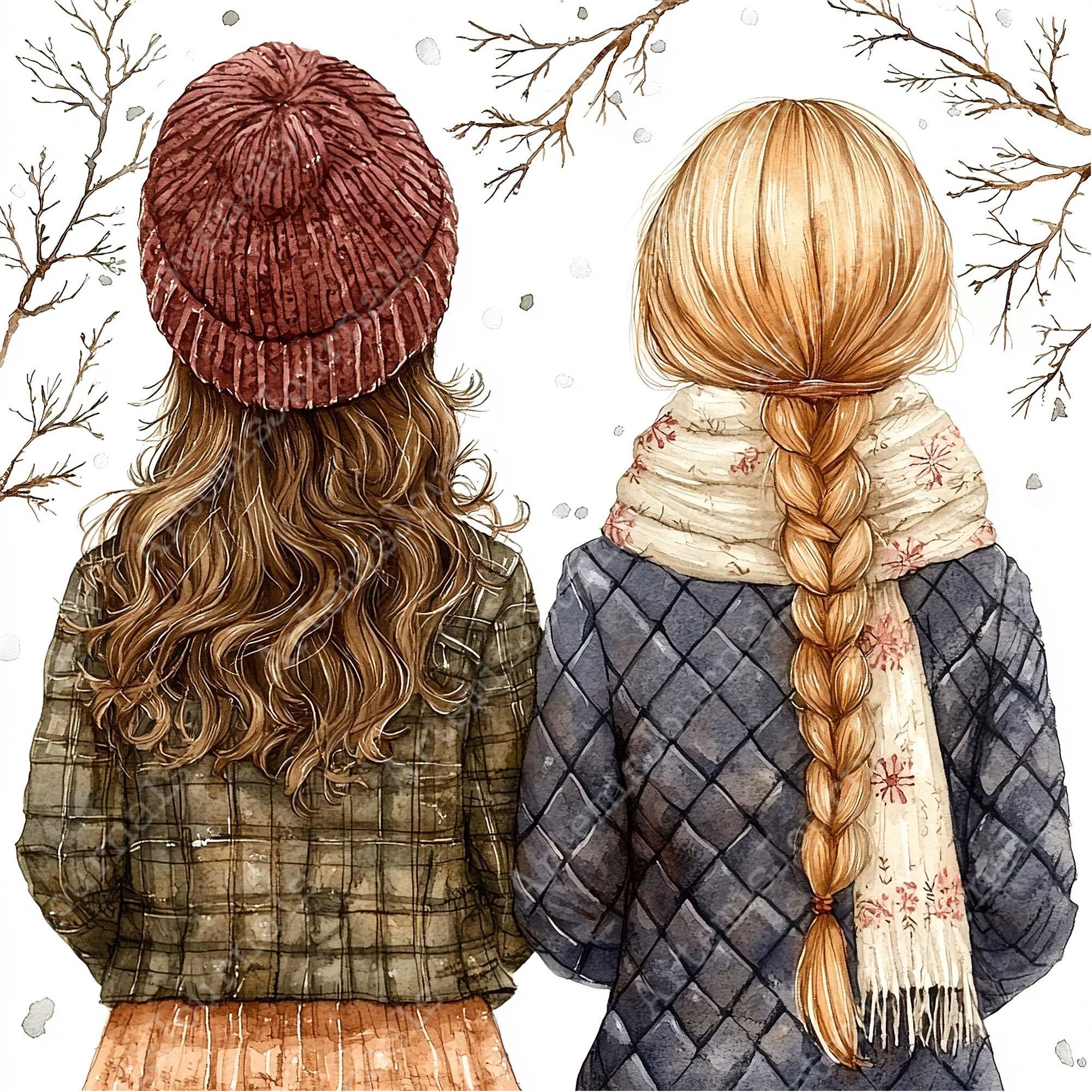 JPEG Watercolor Winter Girls Best Friends Clipart Bundle Besties ...
