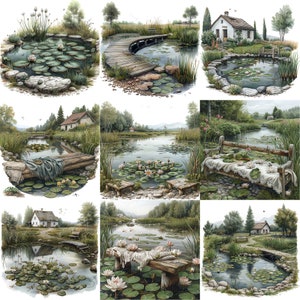 JPEG Watercolor Frog Pond Clipart JPEG Landscape Clipart Lake Clipart ...