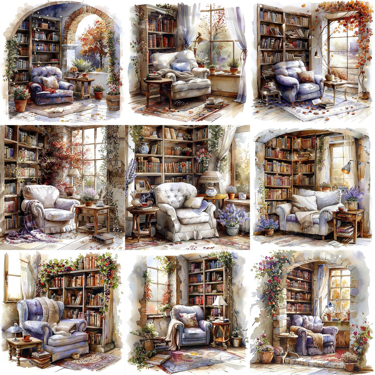 JPEG Cozy Bookworm Corner Clipart Bundle JPEG Bookshelf Commercial Use ...