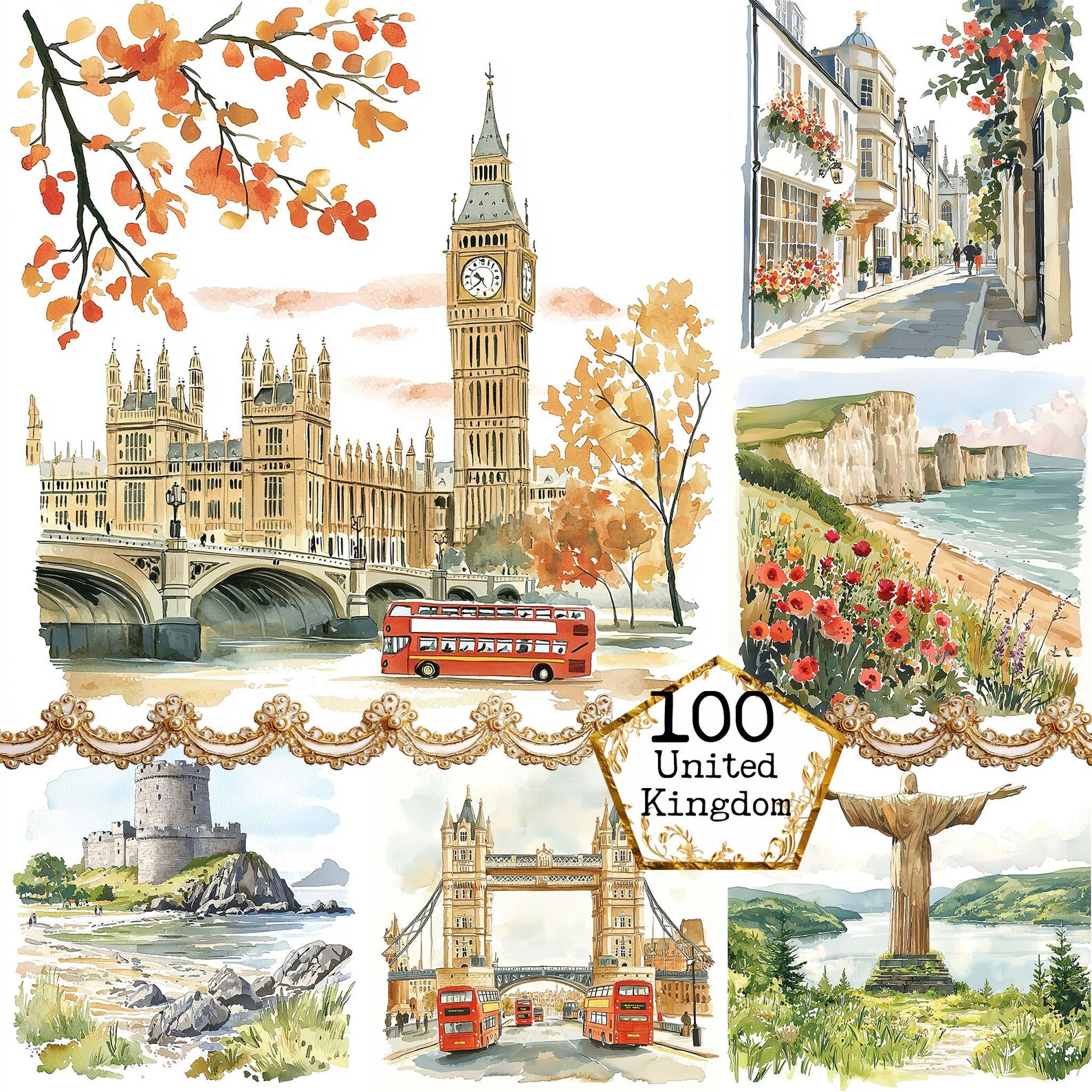 JPEG Watercolor United Kingdom Clipart Bundle USA Clipart City Clipart ...