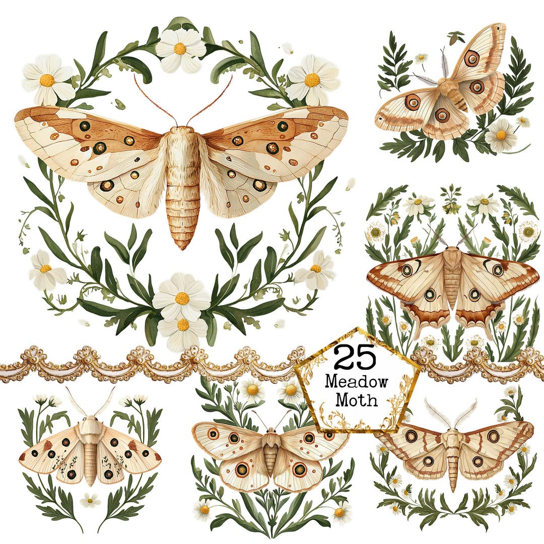 PNG + JPEG Watercolor Meadow Moth Clipart Bundle Spring Clipart ...