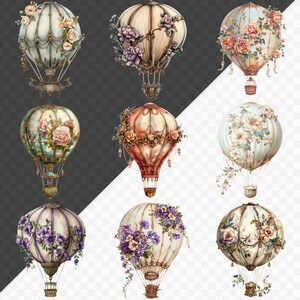 PNG Watercolor Floral Hot Air Balloons Vintage Clipart Watercolor ...