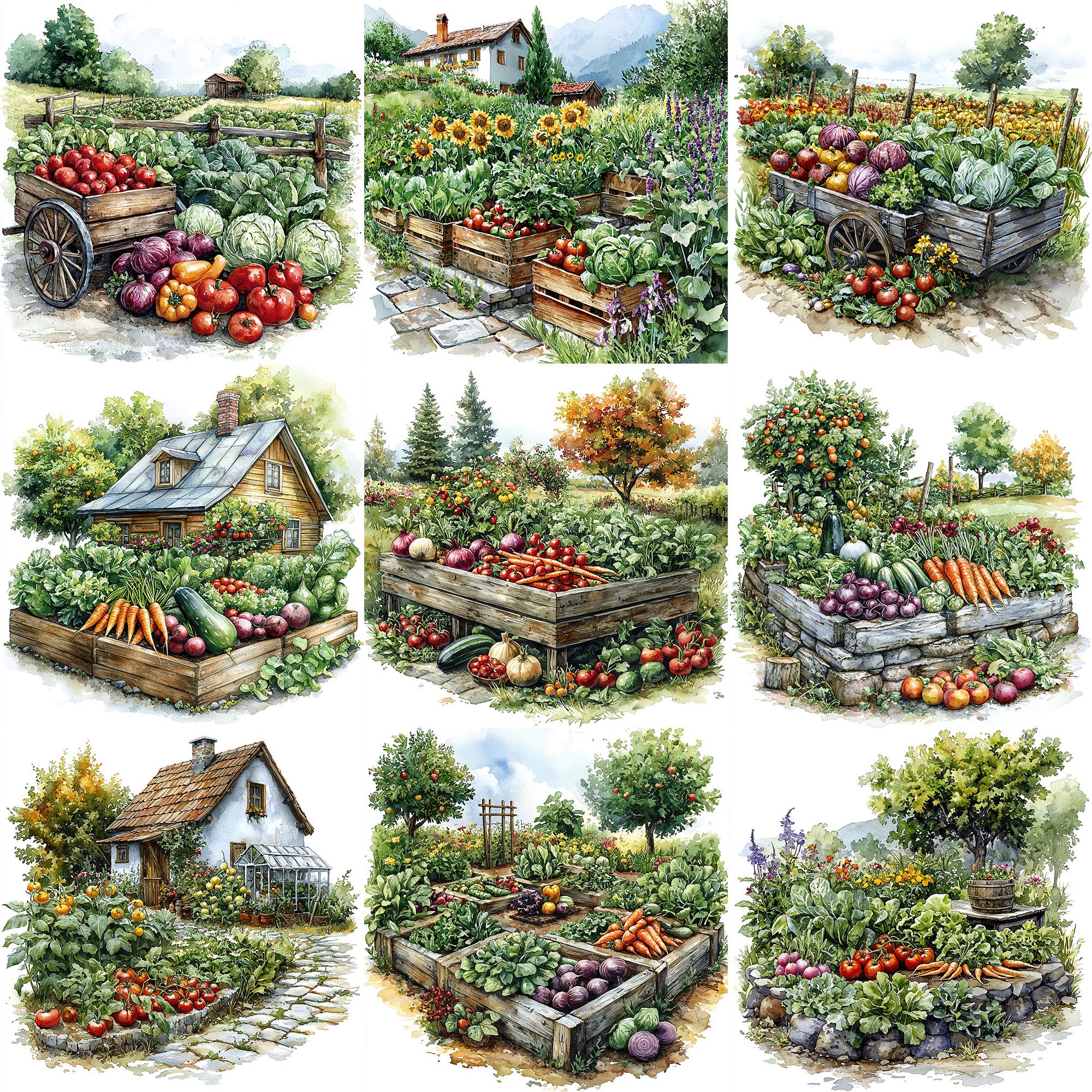 JPEG Watercolor Vegetable Farm Clipart Bundle Cottagecore Garden ...