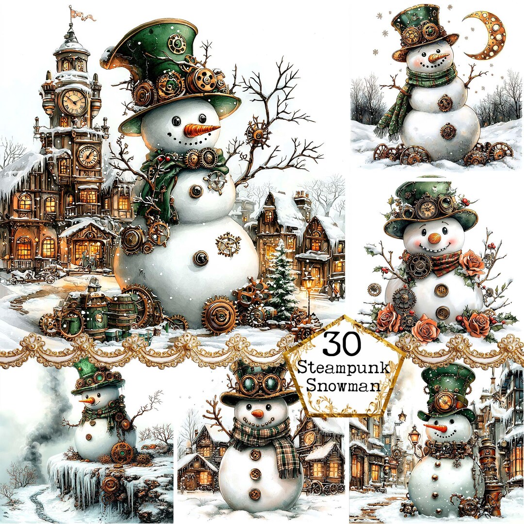 JPEG Watercolor Steampunk Snowman Clipart Bundle Steampunk Winter ...