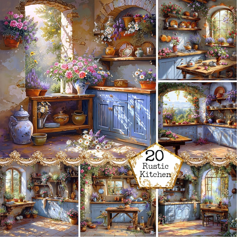 Shabby Chic Rustic Floral Kitchen Clipart Bundle Watercolor Jpgs Old ...