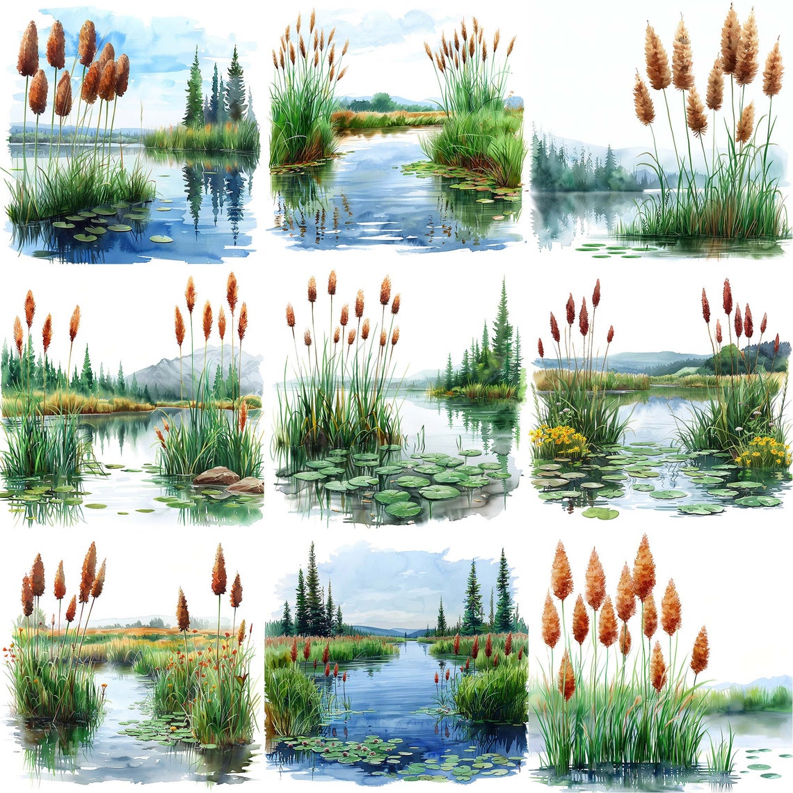 Watercolor Bulrush Pond Clipart JPEG Landscape Clipart Lake Clipart ...