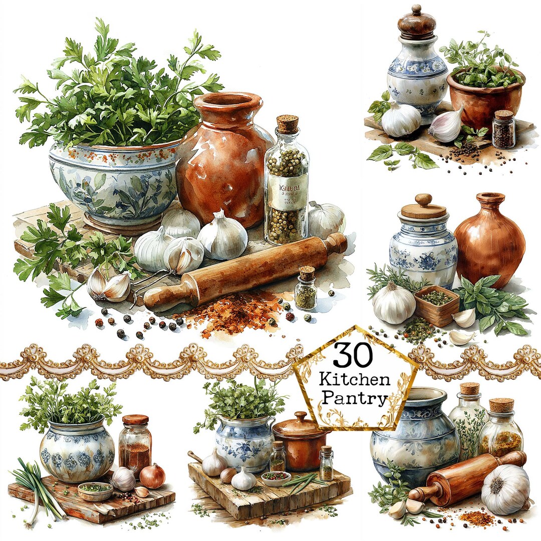 JPEG Herbs Board Clipart Bundle Watercolor Cooking Utensils Commercial ...