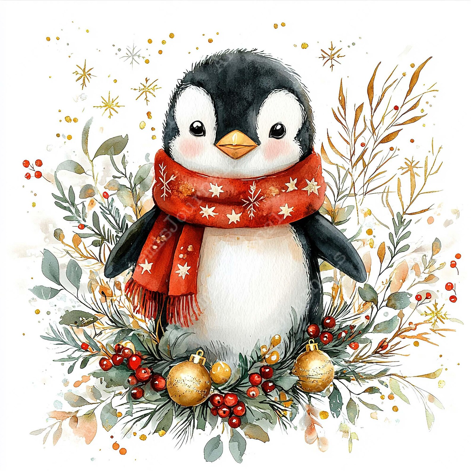 JPEG Watercolor Christmas Penguin Clipart Bundle Festive Clipart ...