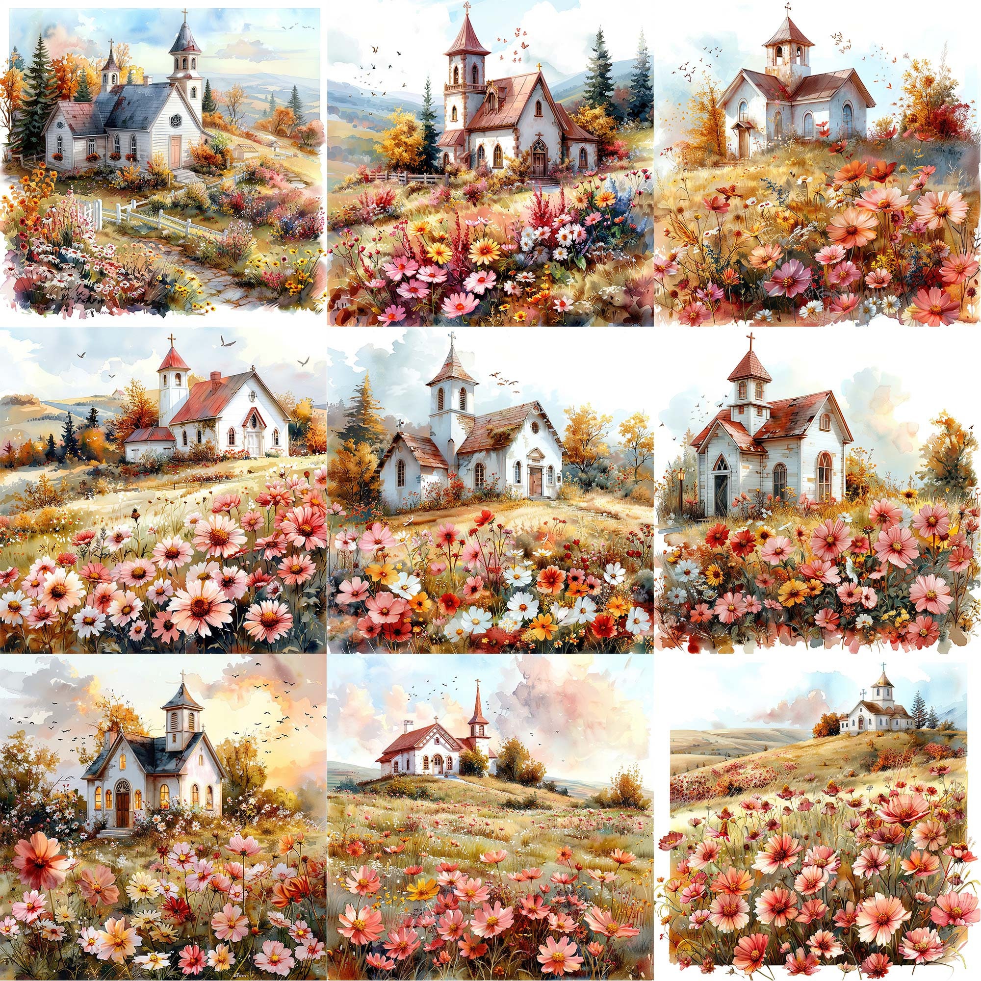 Old Little Church With Flower Clipart Bundle European Clipart JPEG ...