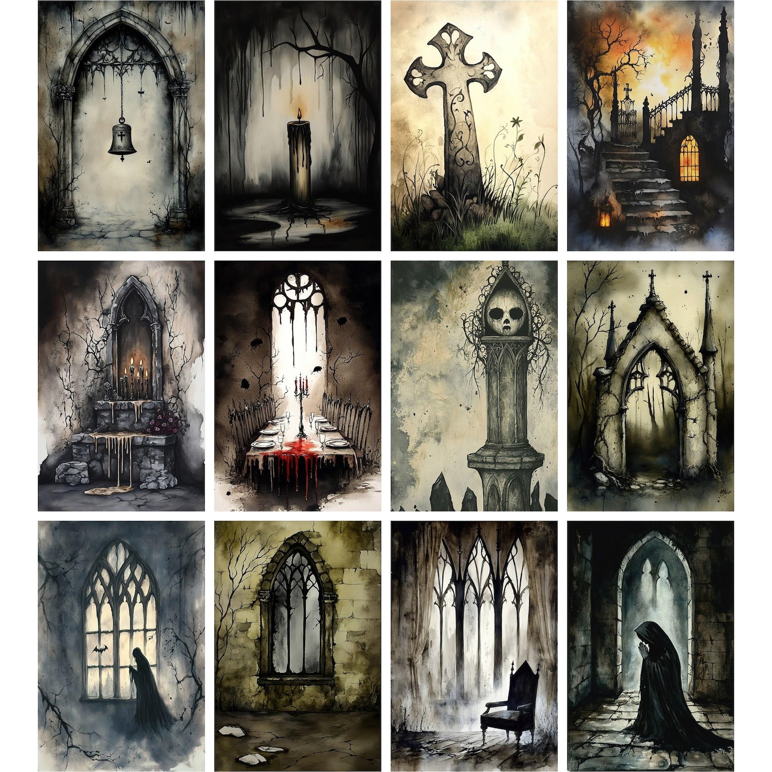 230 Watercolor Gothic Scenes - Printable Pages, Spooky Horror Junk ...