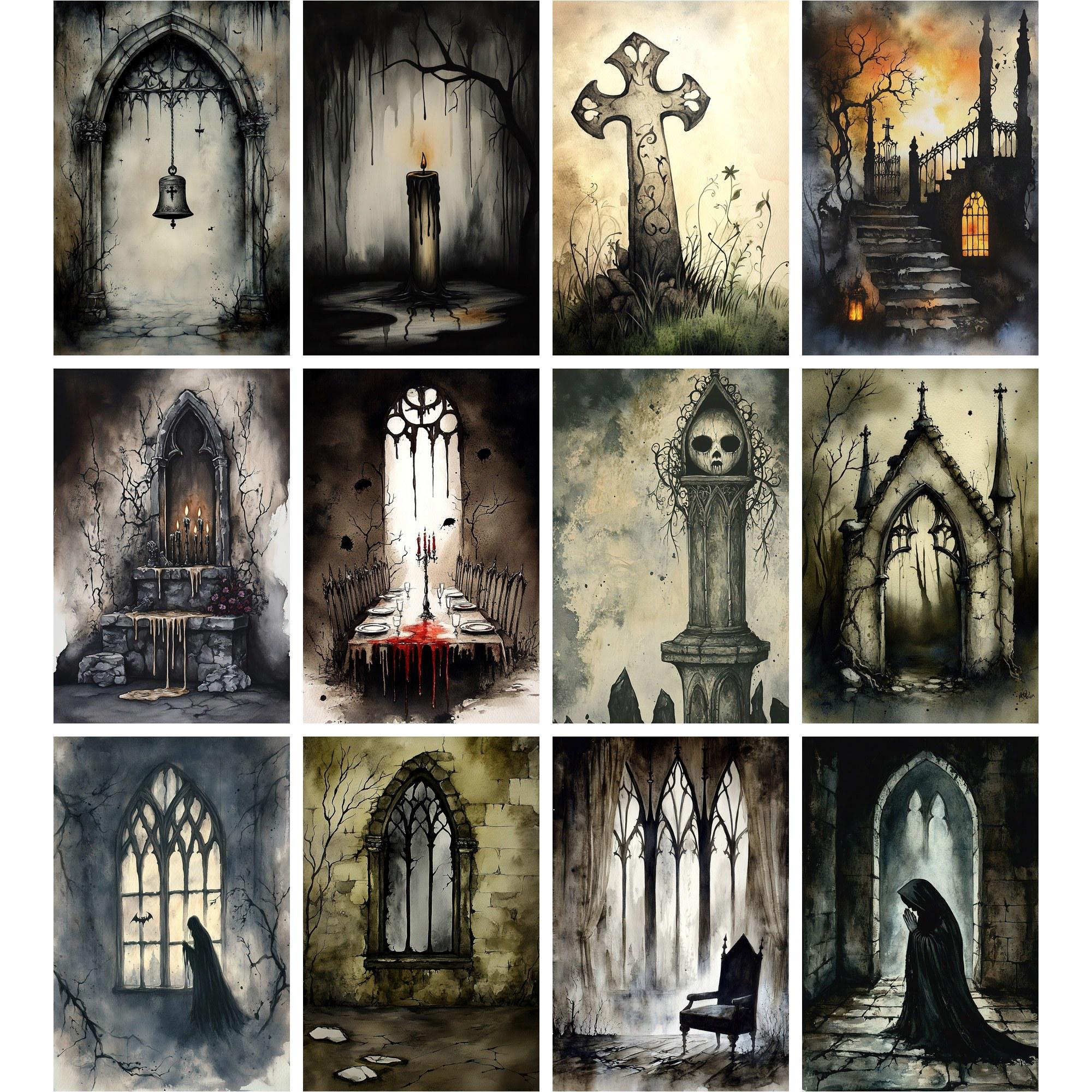230 Watercolor Gothic Scenes - Printable Pages, Spooky Horror Junk ...
