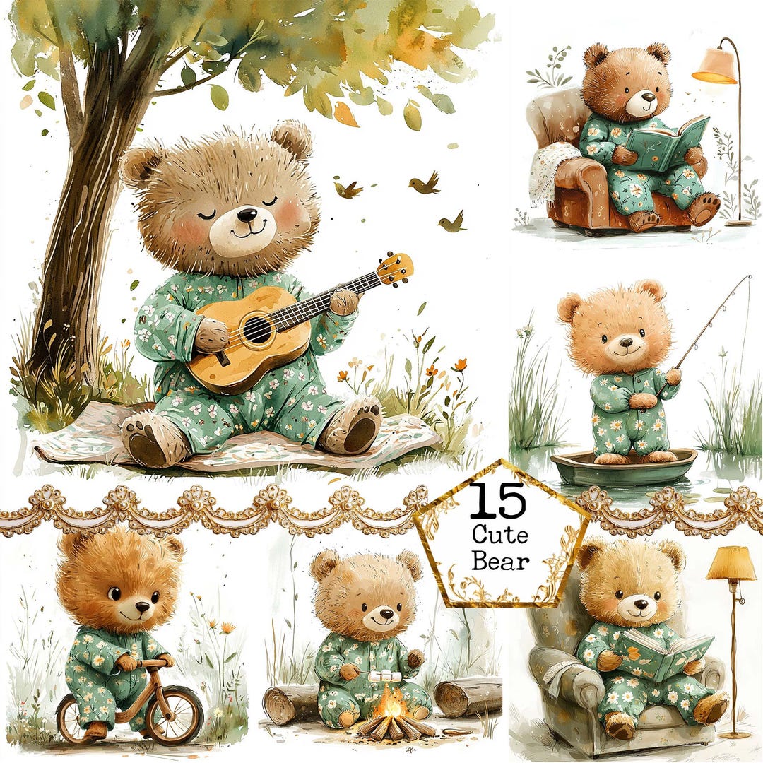 JPEG Cute Watercolor Bear in Pajamas Clipart Bundle Commercial Use ...