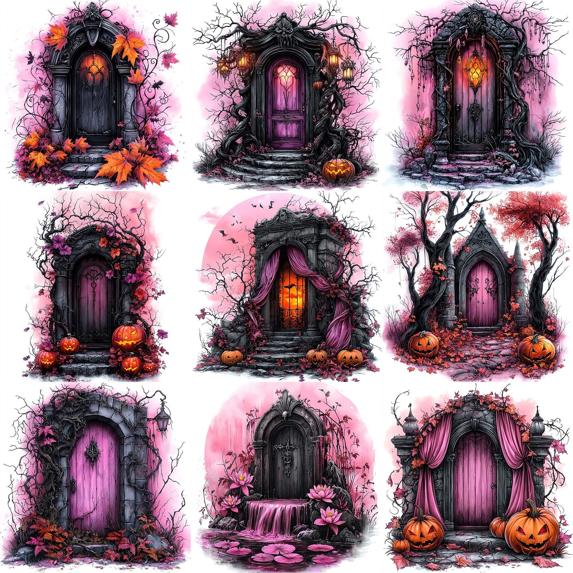 JPEG Watercolor Spooky Pink Halloween Doors Gothic Entrance Scary Exit ...