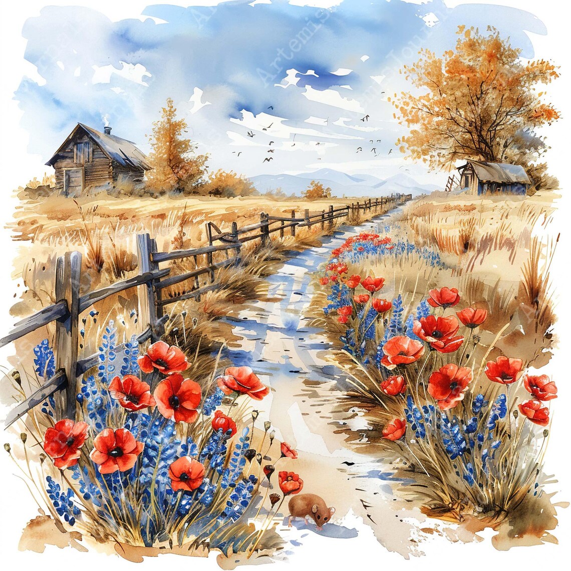JPEG Watercolor Country Path Clipart Bundle Commercial Use Landscape ...