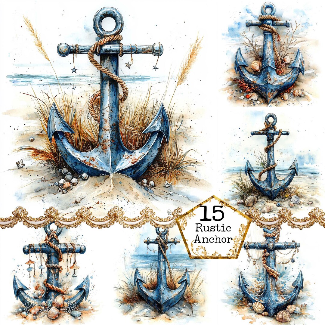 JPEG Watercolor Anchor Clipart Bundle Nautical Clipart Summer Beach ...