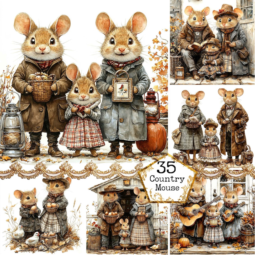 JPEG Vintage Mouse Family Clipart Bundle Cute City Mouses Victorian ...