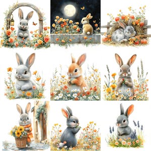 JPEG BIG Watercolor Cute Bunny Clipart Bundle Spring Rabbit Floral ...
