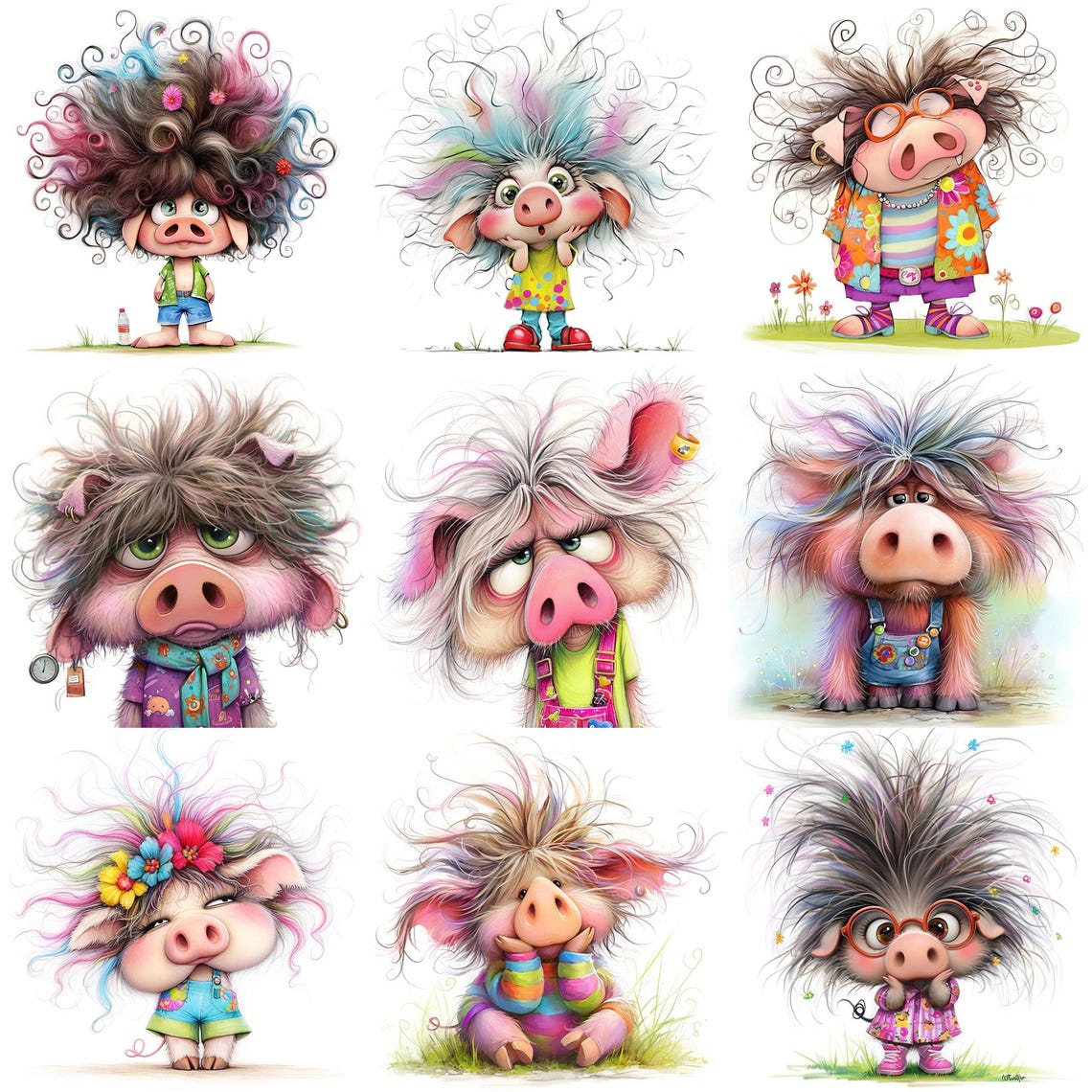 JPEG Watercolor Quirky Pig Clipart Bundle Whimsical Animal Clipart Cute ...