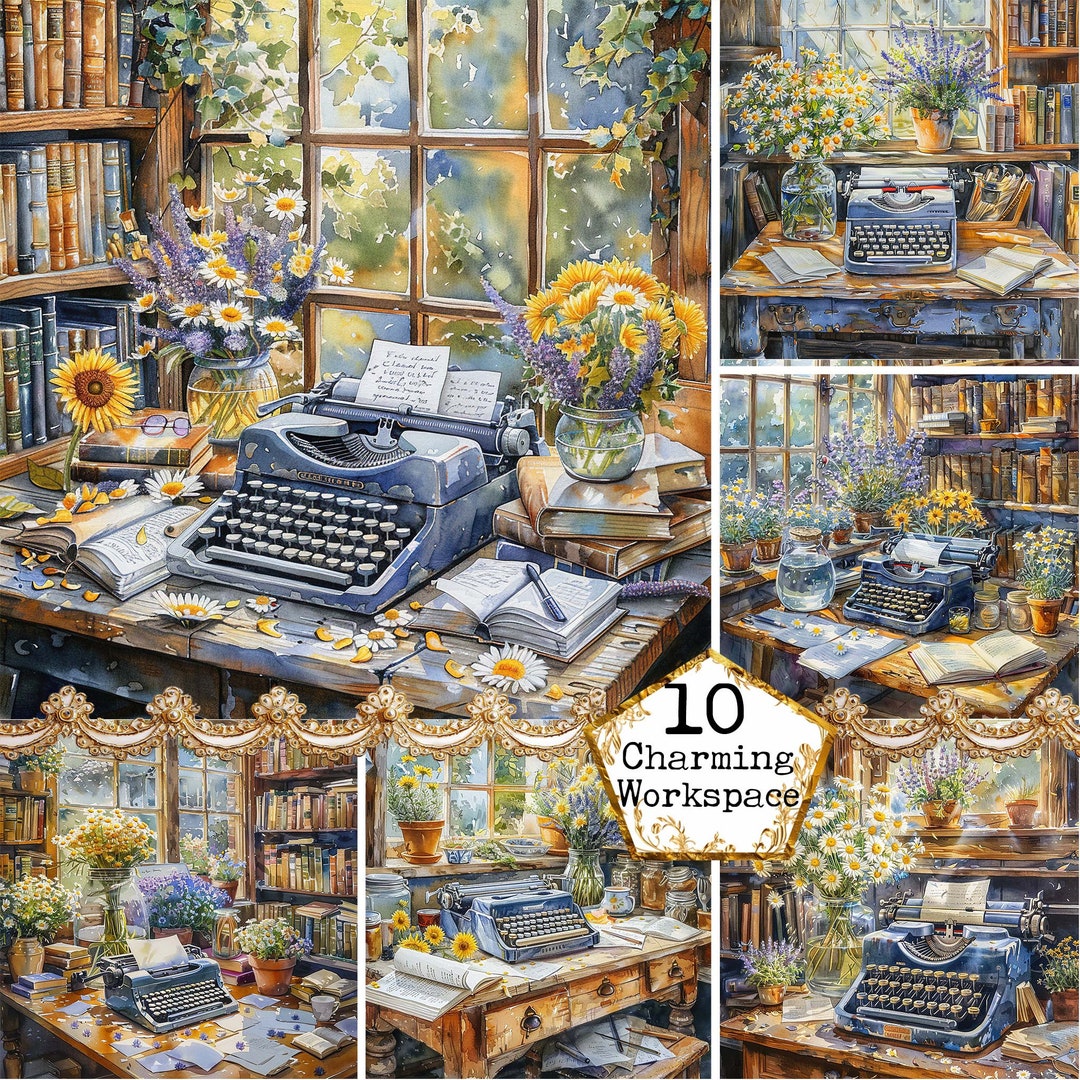 JPEG Watercolor Vintage Writer Desk With Typewriter Digital Background ...