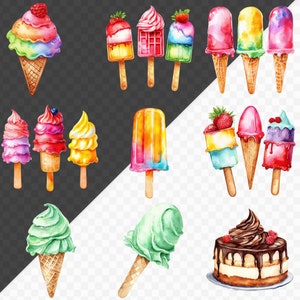 Watercolor Sweet Set Cupcakes and Ice Cream PNG Elements on Transparent ...