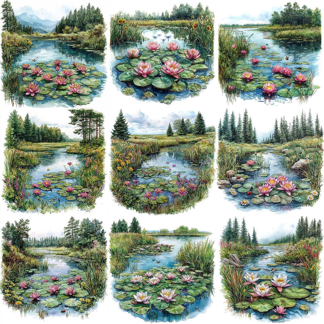 JPEG Watercolor Lily Pond Clipart Bundle Floral Pond Nature Scenery ...