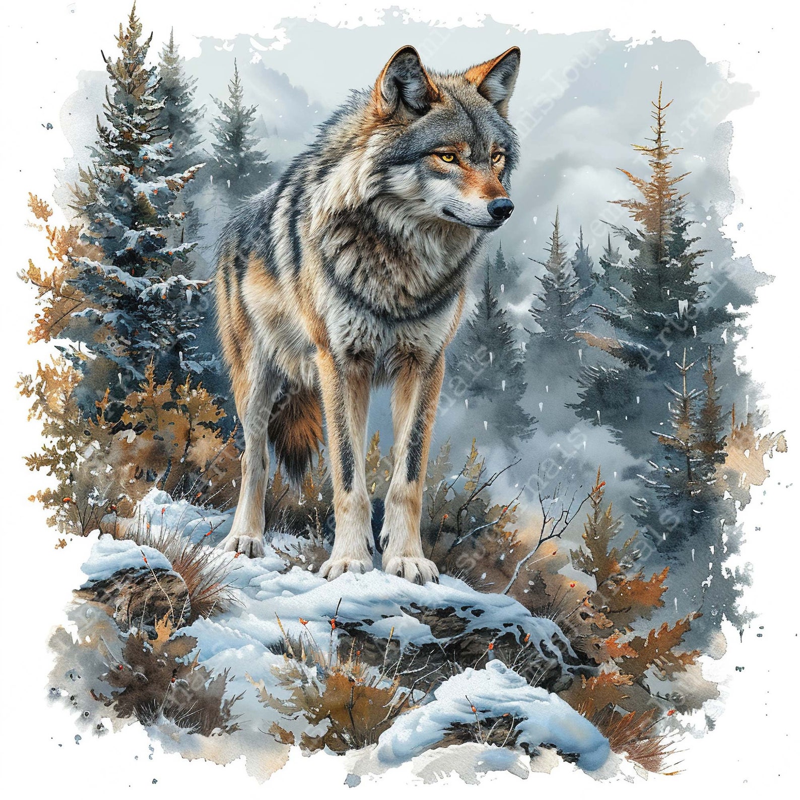 Watercolor Winter Wolf Forest Clipart Bundle JPEG Commercial Printable ...