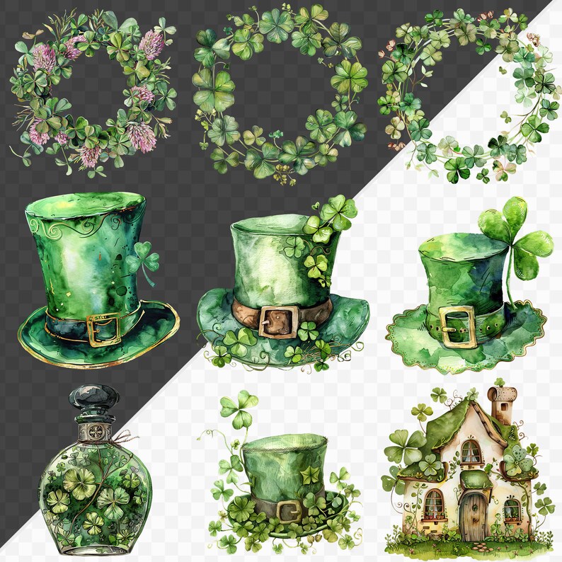 Watercolor Clover Clipart Floral Shamrock Wreaths PNG St. Patrick Theme ...
