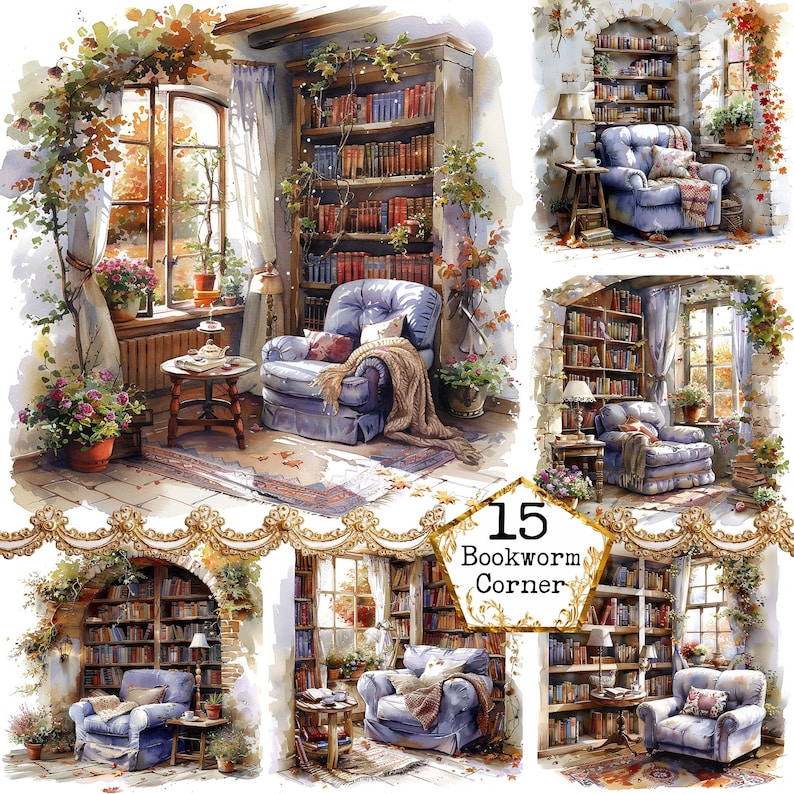 JPEG Cozy Bookworm Corner Clipart Bundle JPEG Bookshelf Commercial Use ...