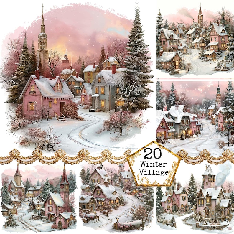 JPEG Watercolor Pink Christmas Village Clipart Bundle Snowy Village ...