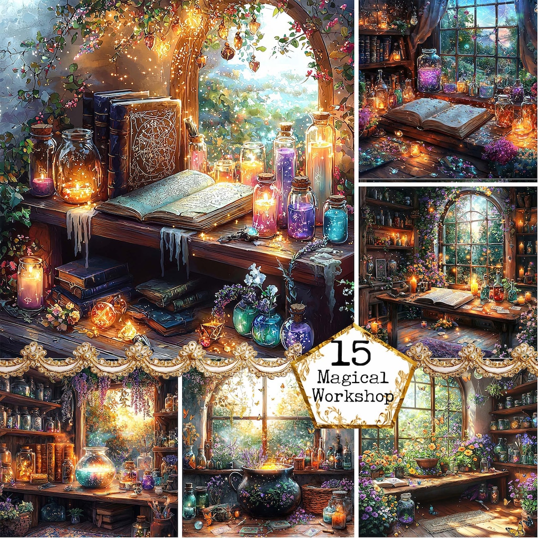 JPEG Whimsical Witch Corner Background Spell Book Potion Window Digital ...