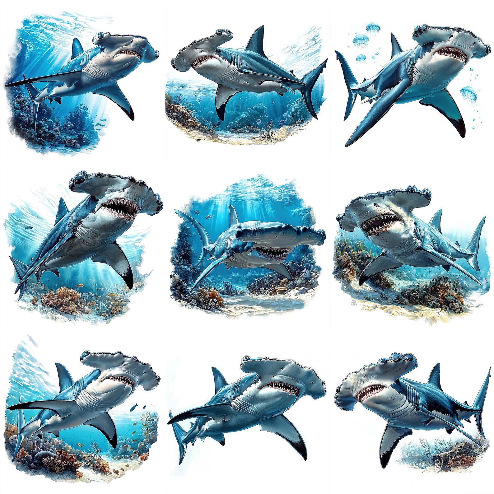 JPEG Watercolor Hammerhead Shark Clipart Bundle Fish Scrapbook Paper ...