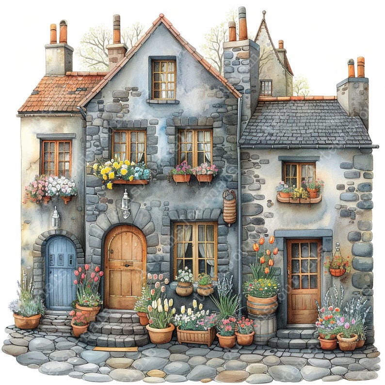 JPEG Watercolor Stone Row Houses Clipart Clipart Bundle Vintage House ...