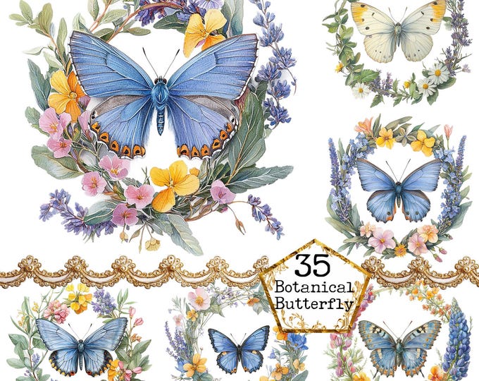 Spring Butterfly Clipart - Floral Digital Art, Watercolor Printables ...