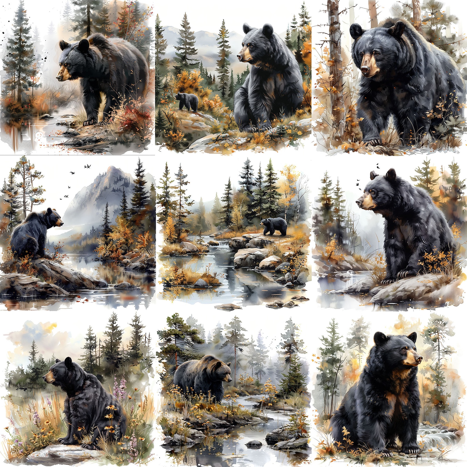 Bear and Mountain Forest Clipart Bundle JPEG Commercial Use Printable ...
